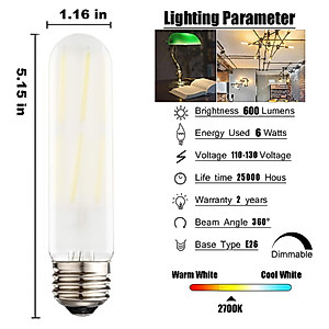 XININSUN T10 Frosted LED Bulbs Warm White 2700K,Dimmable 6W LED Tubular Edison Bulbs 60 Watt Equivalent,600LM, E26 Medium Base Lamp Bulb for Desk Lamp, Pendant Lights. (3-Pack)