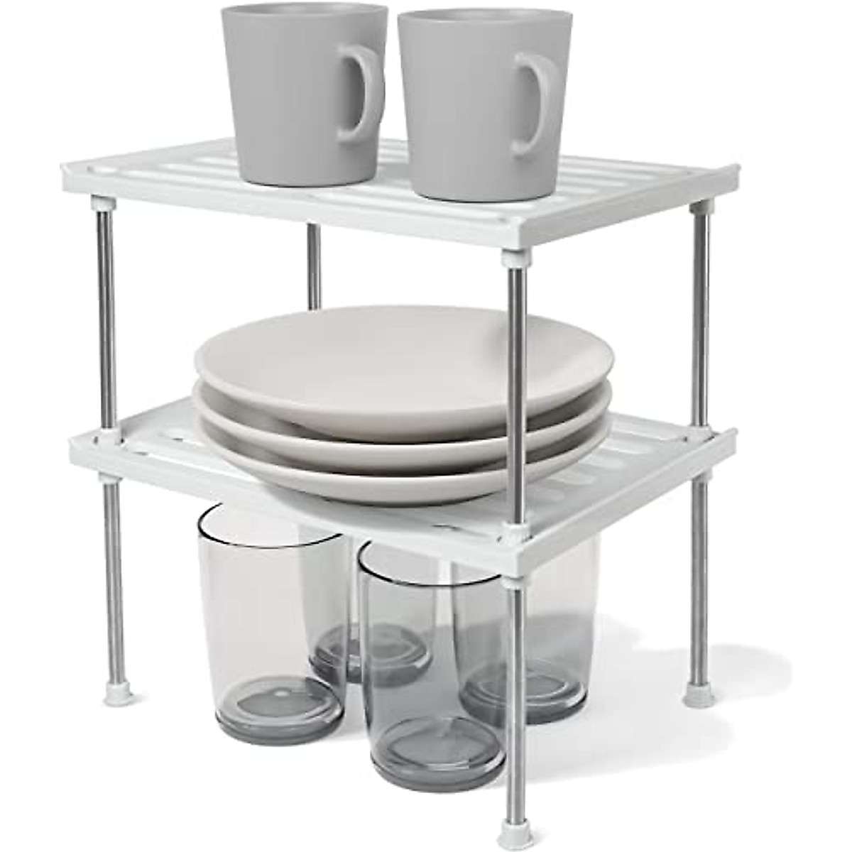 carrotez Kitchen Cabinet Organizer, Cabinet Shelves and Storage, Pantry Storage Shelf Organizer, Kitchen Counter Shelf, Cupboard, Under Sink, Stackable, Expandable, Set of 2, White