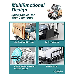 pretysnow Dish Drying Rack with Drainboard - 2 Tier Dish Racks for Kitchen Counter, Large Dishes Drainer with Auto Drainage, Carbon Steel Disk Strainer Set, Black