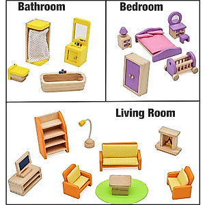 Pidoko Kids Dollhouse Furniture -Fully Furnished Bundle Set - (42 Pcs for 5 Rooms) - Wooden Toys