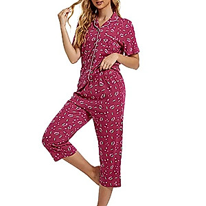 Tugege Capri Pajamas Set Womens Button Down Short Sleeve Lounge Sets Sleepwear Notch Collar Top & Capri 2 Piece PJ Sets (Red Floral, 3X-Large)