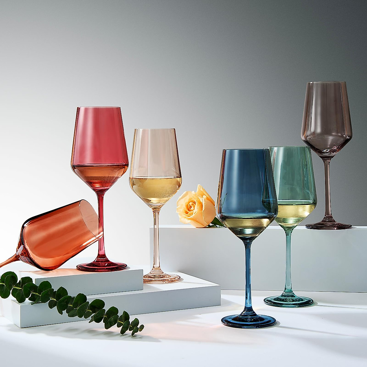 Colored Crystal Wine Glasses Set of 6, Unique Gift Wife, Her, Mom, Friend - Large 12oz Glass, Italian Style Tall Stemmed Drinkware, Long Stem Unique Wines, Dinner, Color Beautiful Glassware