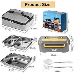 Electric Lunch Box Food Heater, 3 in 1 Food Warmer 12V 24V 110V Portable Heated Lunch Boxes for Car/Truck/Home Self Heating Box with 2 Removable 304 Stainless Steel Container, Fork & Spoon and Carry