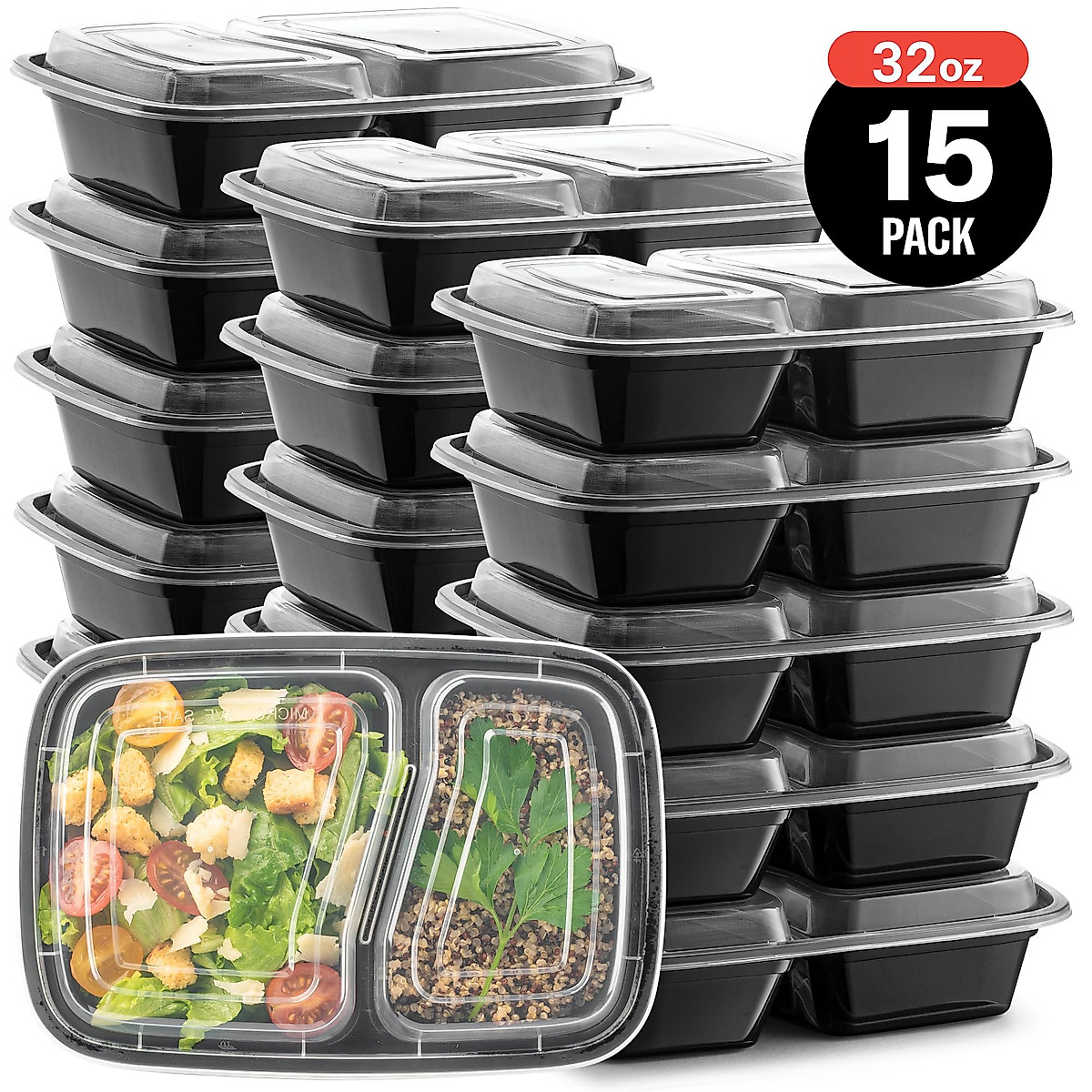 15-Pack Meal Prep Plastic Microwavable Food Containers meal prepping & Lids."{24 OZ.}" Black Rectangular Reusable Storage Lunch Boxes -BPA-free Food Grade- Freezer Dishwasher Safe -"PREMIUM QUALITY"