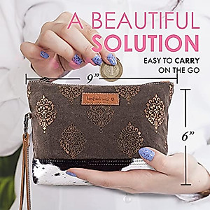 SIXTEASE Women's Fashion Wristlet Small Clutch With Wrist Strap - Vintage Style Zipper Made with Genuine Leather, Upcycled Canvas, Rug, or Hair On - Unique Designs, Hand Stitched - Dimensional