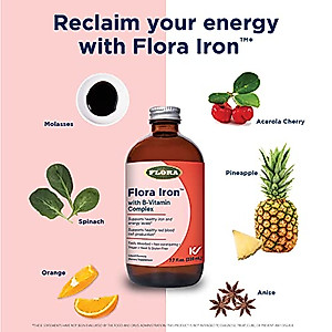 Flora Iron with B-Vitamin Complex - Helps Maintain Healthy Iron Levels - Non-Constipating, Highly Absorbable - Vitamin-B & Liquid Iron - Vegan Supplement - Yeast & Gluten Free, 7.7-oz. Glass Bottle