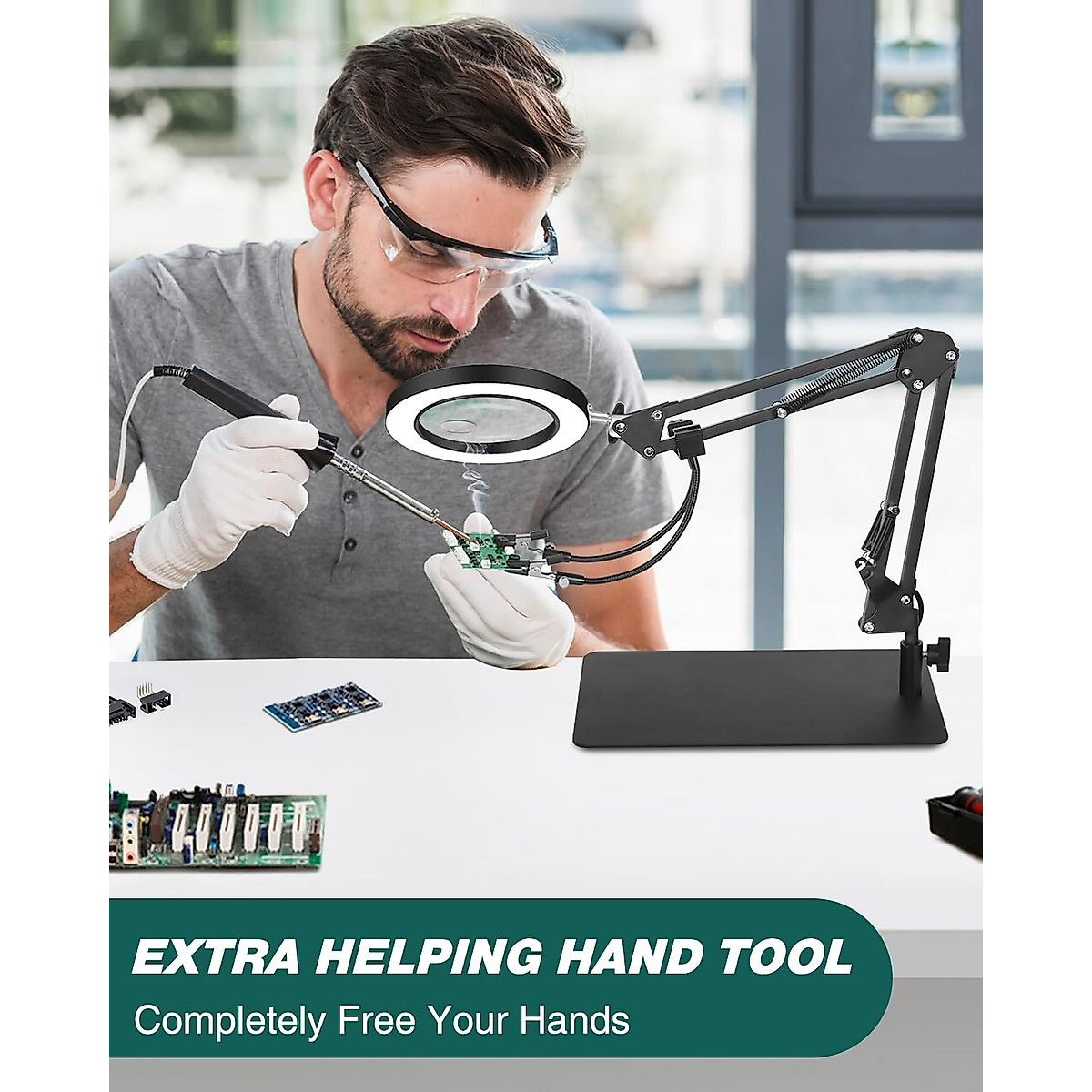 Toolour 5X&10X Magnifying Glass Light with Stand Table Clamp Lighted Magnifier Lamp for Close Work, Crafting, Model, Sewing, Jewelry, Soldering, Reading, HD Magnification for Details & Helping Hand