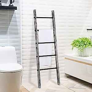 MyGift Urban Rustic Torched Wood Blanket Ladder Decor with 5 Industrial Metal Rungs, 5 Foot Wall Leaning Towel Storage Rack