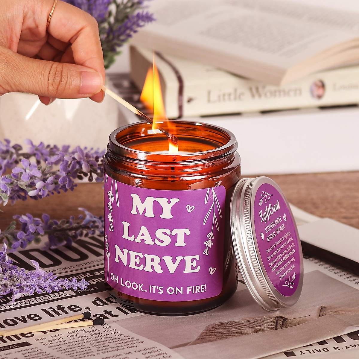 Funny Birthday Valentine Gifts for Women - My Last Nerve Candle Gag Gift for Mom, Jar Candle Christmas Birthday Mothers Day Fun Gifts for Wife, Sister, Teacher, Boss Lady, 7 Oz Lavender Candle