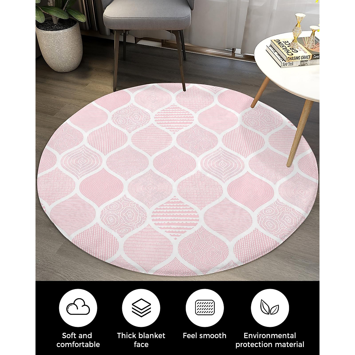Morocco Pink Fluffy Round Area Rug Carpets 5ft,Plush Shaggy Carpet Soft Circular Rugs,Non-Slip Fuzzy Accent Floor Mat for Living Room Bedroom Nursery Home Decor Geometric Minimalist Boho Indian Print
