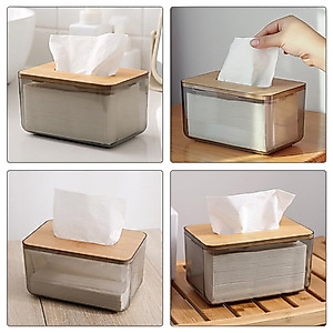 Cabilock Car Napkin Holders Tissue Holder Rectangular Tissue Box Holder Dryer Sheet Dispenser Box with Wood Lid Transparent Napkin Container Tissue Organizer for Living Room Bathroom