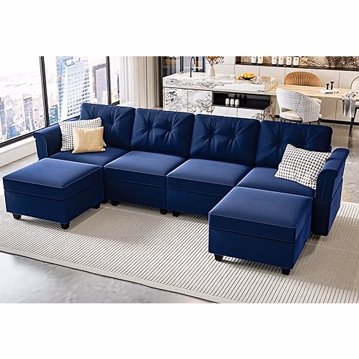 Belandi Modular Sectional Sofa Couch, U-Shaped Sleeper Couch with Reversible Chaise, Modular Sectionals with Ottomans, 6-Seat Sofa Set with Storage for Living Room, Blue