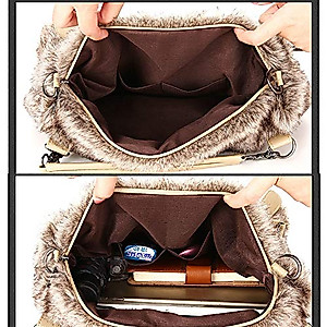 QTMY Brown Faux Fur Tote Crossbody Bag Purse Handbag for Women