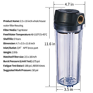 Geekpure 10-Inch Whole House Clear Filter Housing - 3/4"NPT Brass Port-Fit for 2.5" x 10" Filters