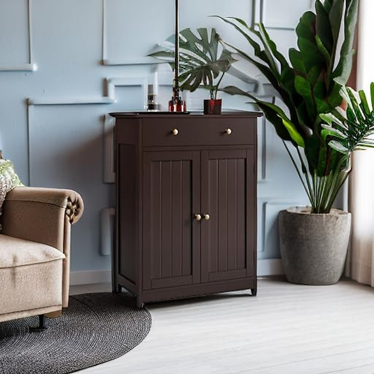 Yaheetech Bathroom Storage Cabinet with Drawer and Double Doors, Free-Standing Organizer with Inner Adjustable Shelf for Living Room, L24xW12xH31.5 in, Espresso