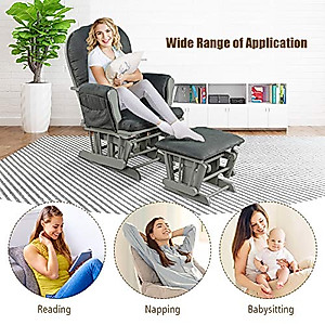 Costzon Baby Glider and Ottoman Cushion Set, Wood Baby Rocker Nursery Furniture, Upholstered Comfort Nursery Chair & Ottoman with Padded Arms (Dark Gray)