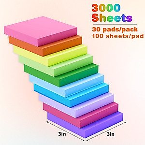 Sticky Notes 3x3 Inch, Bright Colors Self-Stick Pads 30 Pads/Pack 100 Sheets/Pad Total 3000 Sheets, Easy to Used for Home Office Notebook
