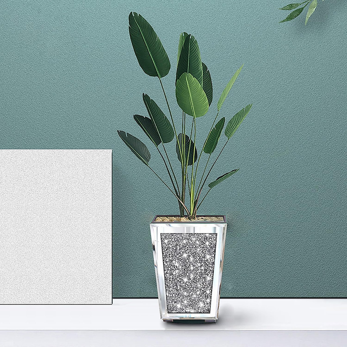 Meetart Crushed Diamond Mirrored Planter, Crystal Silver Glass Decorative Mirror Luxury Flower Pot ，with Drainage Hole and Tray for All House Plants, Succulents, Flowers, and Cactus.