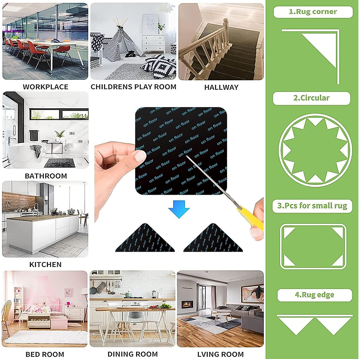 8 PCS Grippers of Rug Pad, Non-Slip Carpet Pad for Hardwood Floors and Tile, Reusable and Washable Area Carpet Tape, Double-Sided Adhesive Pads, Keeps Corners Flat