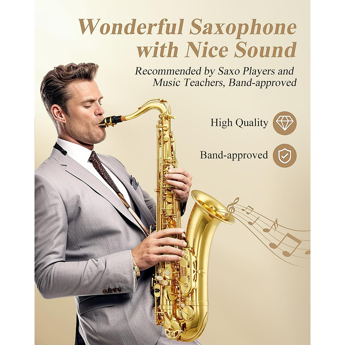 Eastar Tenor Saxophone Student Tenor Saxophone Bb Tenor Sax B Flat Gold Lacquer Beginner Saxophone With Cleaning Cloth,Carrying Case,Mouthpiece,Neck Strap, Reeds, Full Kit, TS-Ⅱ