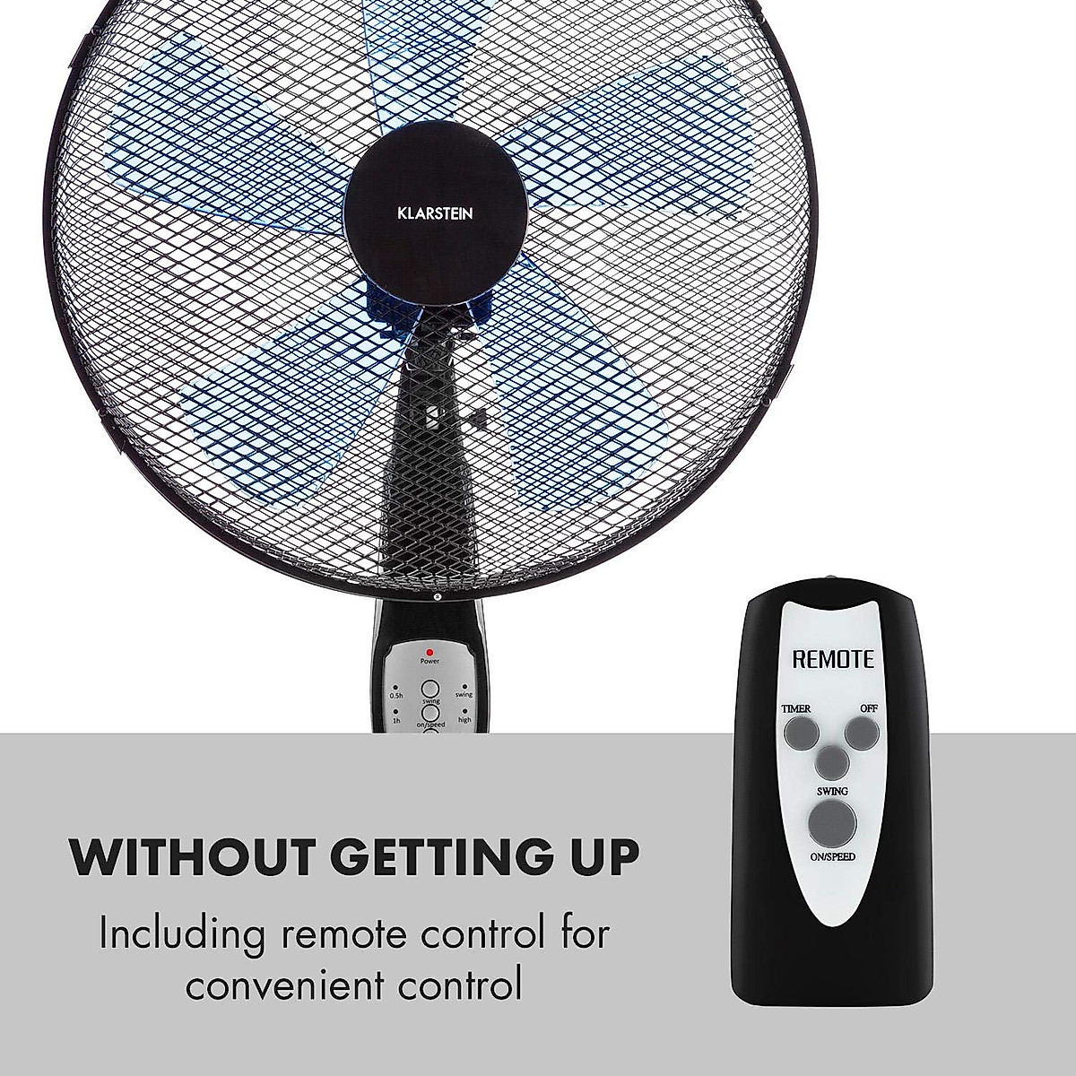 Klarstein Summerjam - Pedestal Fan, Stand Fan, Rotor Diameter: 16 inches, 50 Watts, 3 Speeds, Oscillation: 80 °, Timer, Remote Control, Height Adjustable, Color: Black