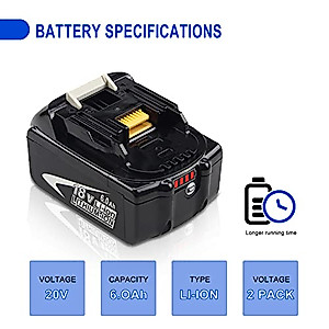 【18 Volt 6.0Ah BL1860B】 2Packs Replacement Battery and Charger for Makita 18V Battery Lithium BL1860 BL1850 BL1845 BL1840 BL1830 BL1820 BL1815 BL1860B Battery + 1 Charger for Makita 14.4v-18V Battery