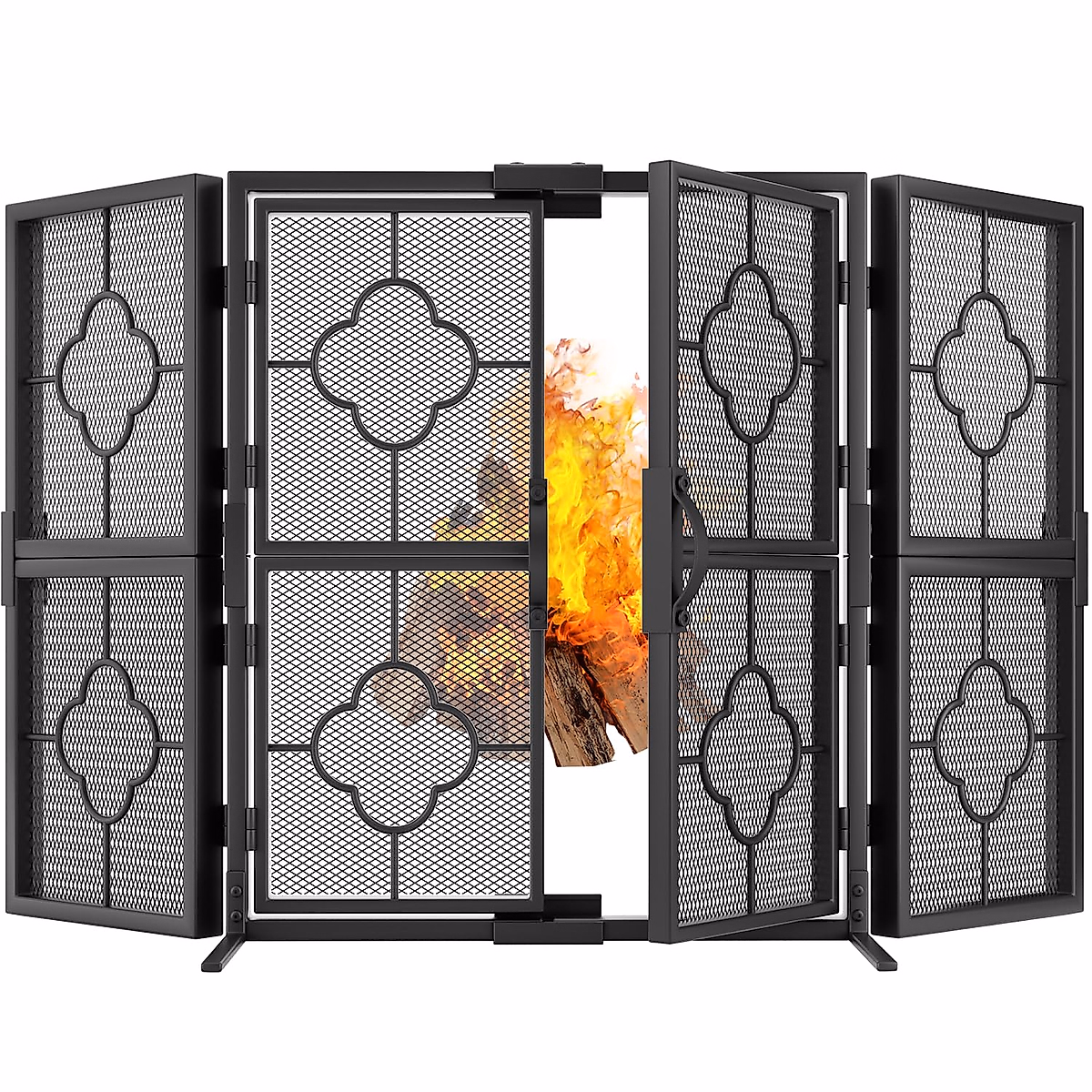 Amagabeli 48 x 28 Inch Fireplace Screen with Doors 3 Panel Foldable Wrought Iron Furnace Fireguards Fireplace Cover Free Standing Large Screen for Fireplace Wood Burning Metal Mesh Fire Spark (Black)