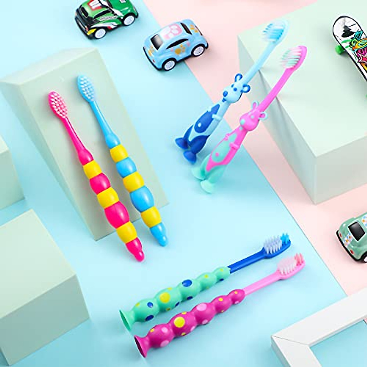 Lauwell Toddler Toothbrush Kids Manual Toothbrush Individually Wrapped Toothbrushes with Covers Suction Cup Toothbrush Lovely Soft Bristle Animal Toothbrush for Kids Sensitive Teeth (12 Pieces)