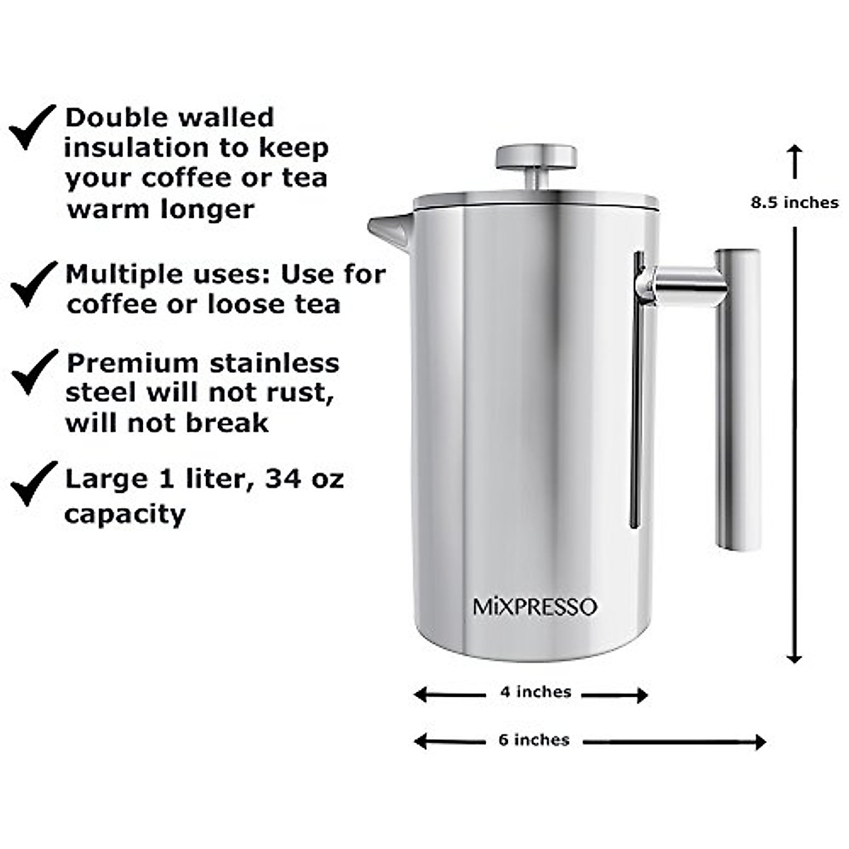 Mixpresso Stainless Steel French Press Coffee Maker 27 Oz 800 ml, Double Wall Metal Insulation Coffee Press &Tea Brewer Easy Clean, And Easy Press, Strong Quality Coffee Press (Stainless Steel)