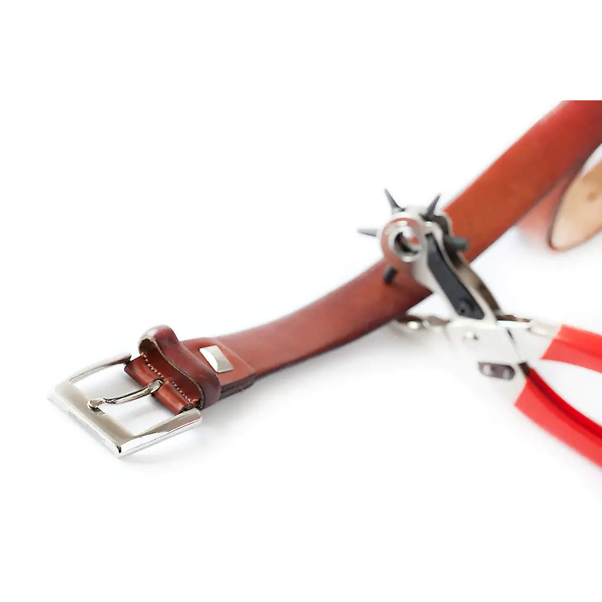 Leather Hole Punch Tool Set Heavy Duty 6 Size Revolving Leather Belt Hand Hole Puncher for Belts, Watch Bands, Straps, Dog Collars, Saddles, Shoes, Fabric, DIY Home or Craft Projects (9'', Silver/Red)