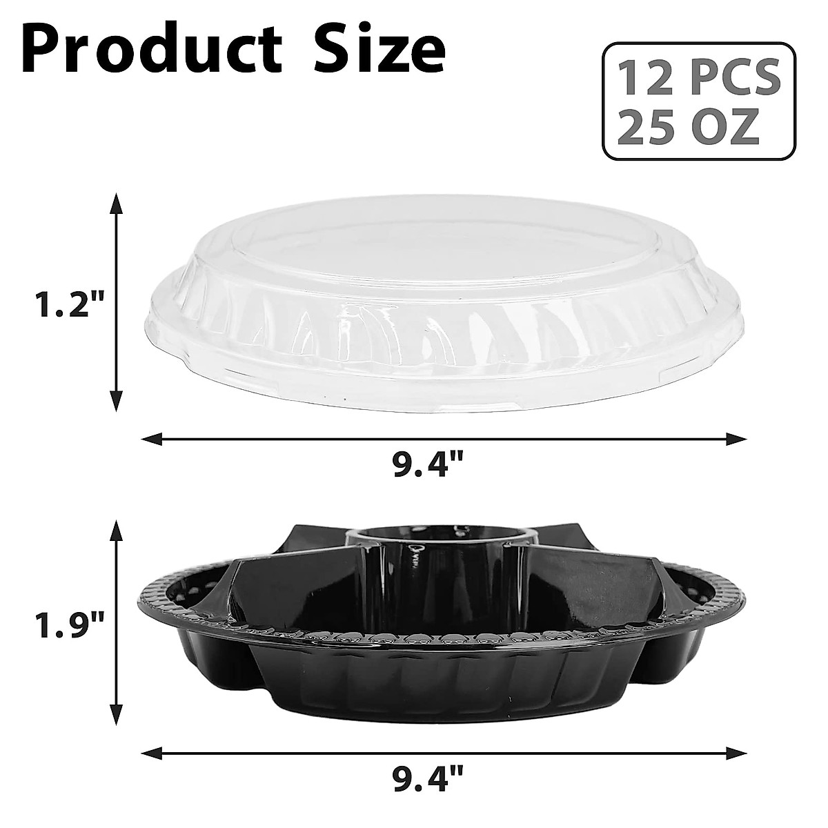 Apatal 12Pcs Disposable Fruit Trays, Round Plastic Appetizer Serving Tray with Lid 5 Compartment Party Platters Divided Food Dip Containers for Snack Vegetable Salad Veggie Fruit Organizer-Black