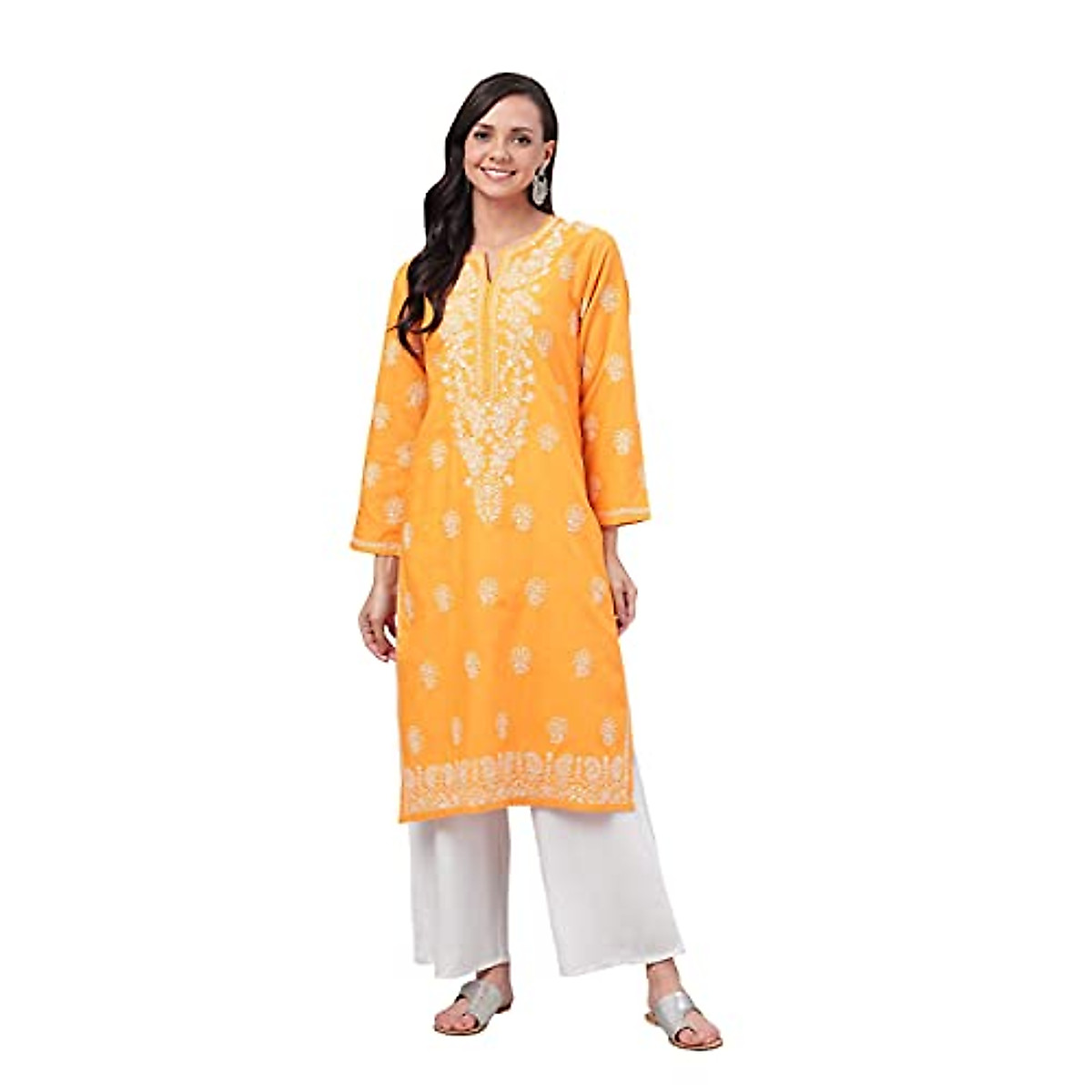 Ada Traditional Handcrafted Indian Chikankari Women's Cotton Kurta Kurti Tunic XS196540 Mustard