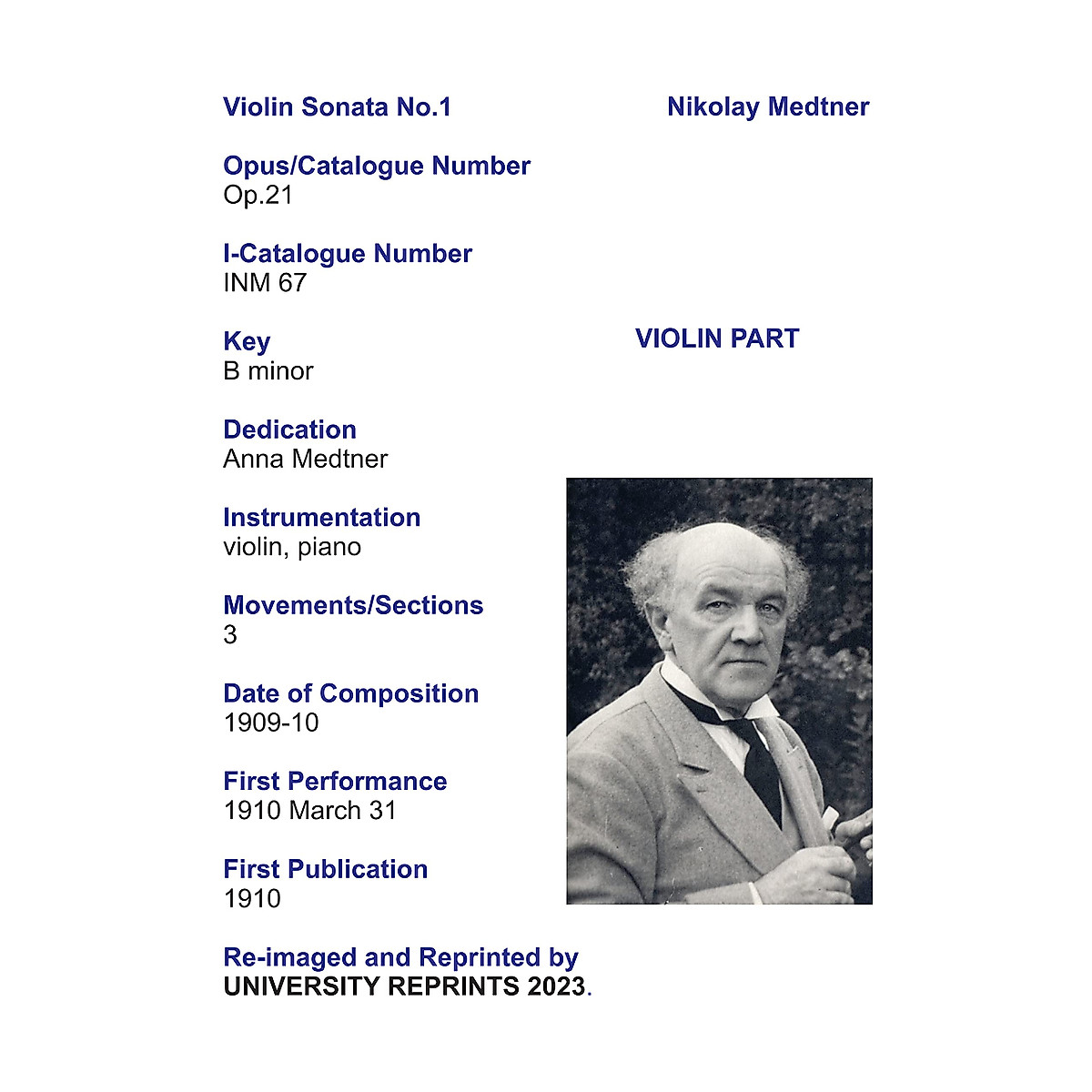 Violin Sonata No.1, Op.21 by Nikolay Medtner - Complete Score, All Movements (Student Facsimile)