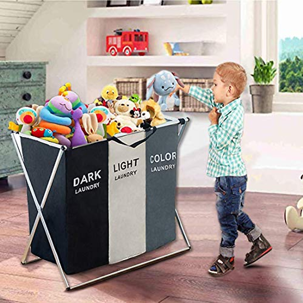 Foldable Laundry Basket, 135L Laundry Hamper Sorter 3 Sections Bag Bin with Aluminum Frame 24'' × 14'' x 23'' Dirty Clothes Closet Storage and organizer in Laundry Room Bedroom Home (White+Grey+Black)