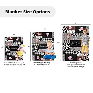 Munific Personalized Cow Print Baby Blanket with Name - Custom Boy's Girl's Cartoon Cute Cow Milk Nursery Theme - Toddler Minky Blankets - Personalized Name Plaid Quilt Style Blanket