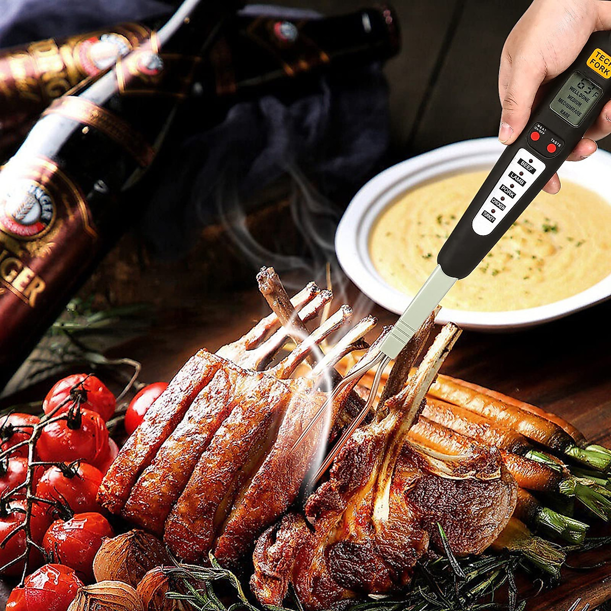 Beyond Group 80-09 Digital Meat Instant Read Thermometer with LED Screen and Ready Alarm, Kitchen Probe with Long Fork for Grilling, Barbecue and Cookin, l, white
