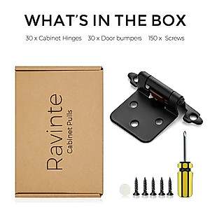 Ravinte 30Pack 15Pairs 1/2”Overlay Cabinet Door Hinges Kitchen Cabinet Hinges Black Semi-Concealed Hinges Face Mount Self-Closing Cabinet Hinges W/Door Bumpers&Screwdriver