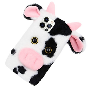 Girlyard Milk Cow Case for Samsung Galaxy A51 5G, Cute 3D Cartoon Dairy Cattle Fluffy Hairy Silicone Cover Fuzzy Warm Faux Stuffed Plush Doll Soft Furry Protective Shell for Women Girls - Black