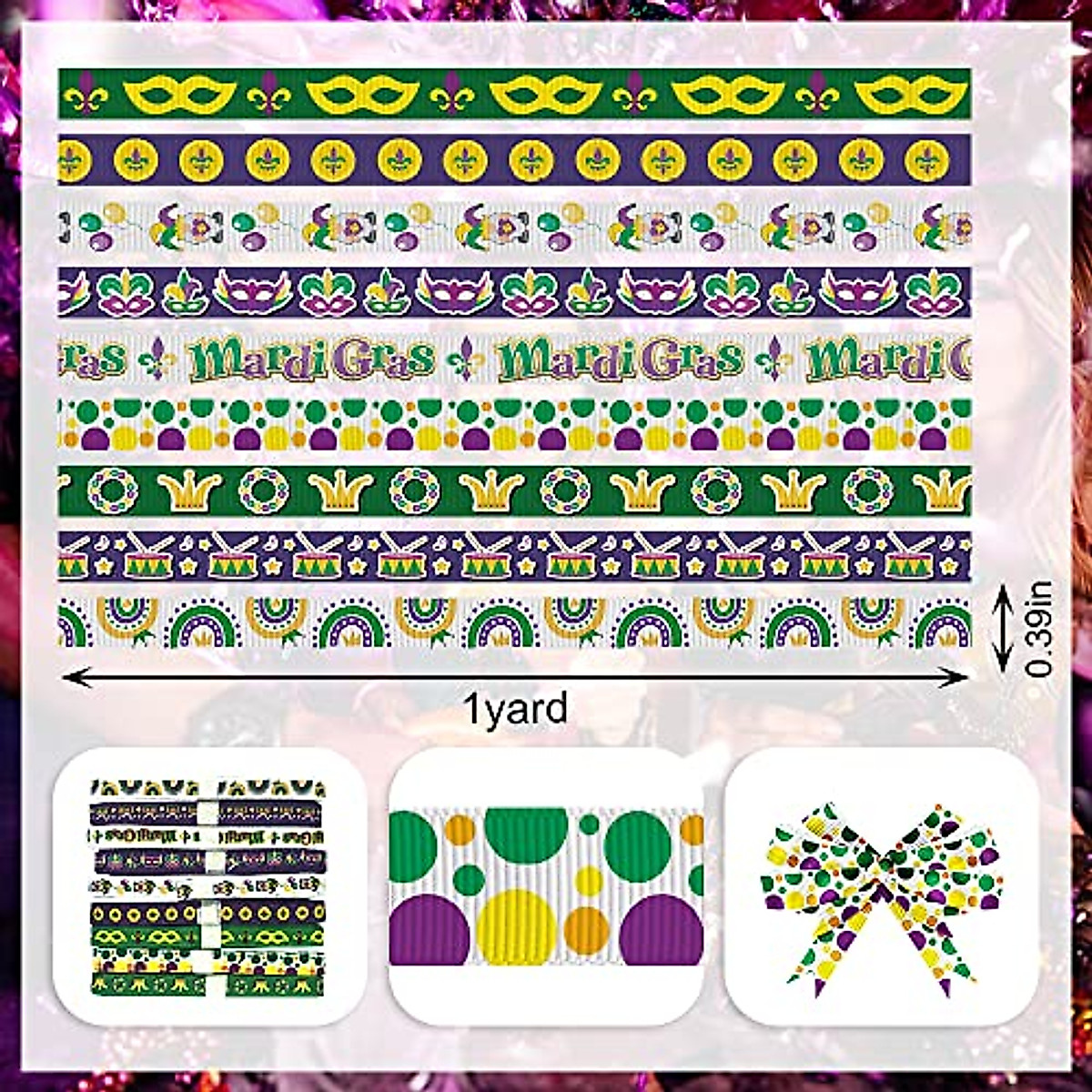 ALIBBON 9 Rolls 27 Yards 3/8" Mardi Gras Ribbon Yellow Purple Green Ribbons for Mardi Gras Decor, Grosgrain Ribbon for Mardi Gras Parade Carnival Gift Wrapping Bows Crafting Supplies