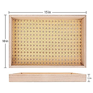 15 x 10 in Rectangle Decorative Tray with Imitated Rattan Handmade, Ottoman Tray, Boho Serving Tray, Basket Serving Tray with Wooden Frame for Coffee, Breakfast, Food, Drink