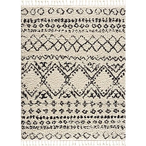 Hauteloom Duncans Farmhouse Shag Area Rug – Plush Pile Living Room & Bedroom Rug with Fringe – Beige, Charcoal, Gray - 6'7" x 9'