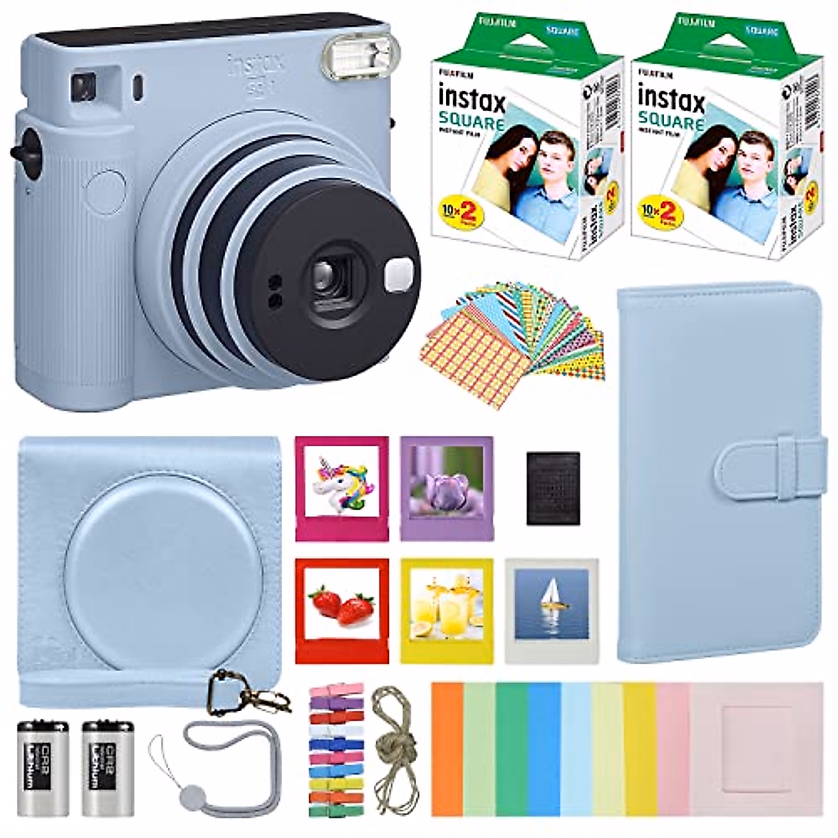 Fujifilm Instax Square SQ1 Instant Camera Glacier Blue with Carrying Case + Fuji Instax Film Value Pack (40 Sheets) Accessories Bundle, Photo Album, Assorted Frames + More