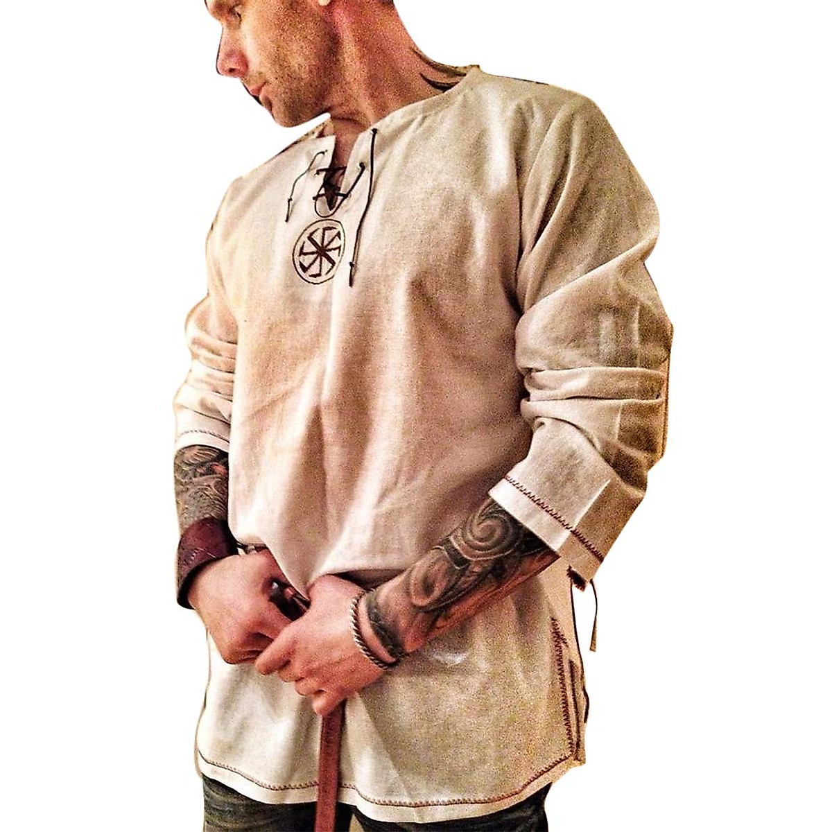 Men's Fashion Cotton Linen Shirt Long Sleeve Solid Color Ethnic Beach Yoga Top Khaki XL