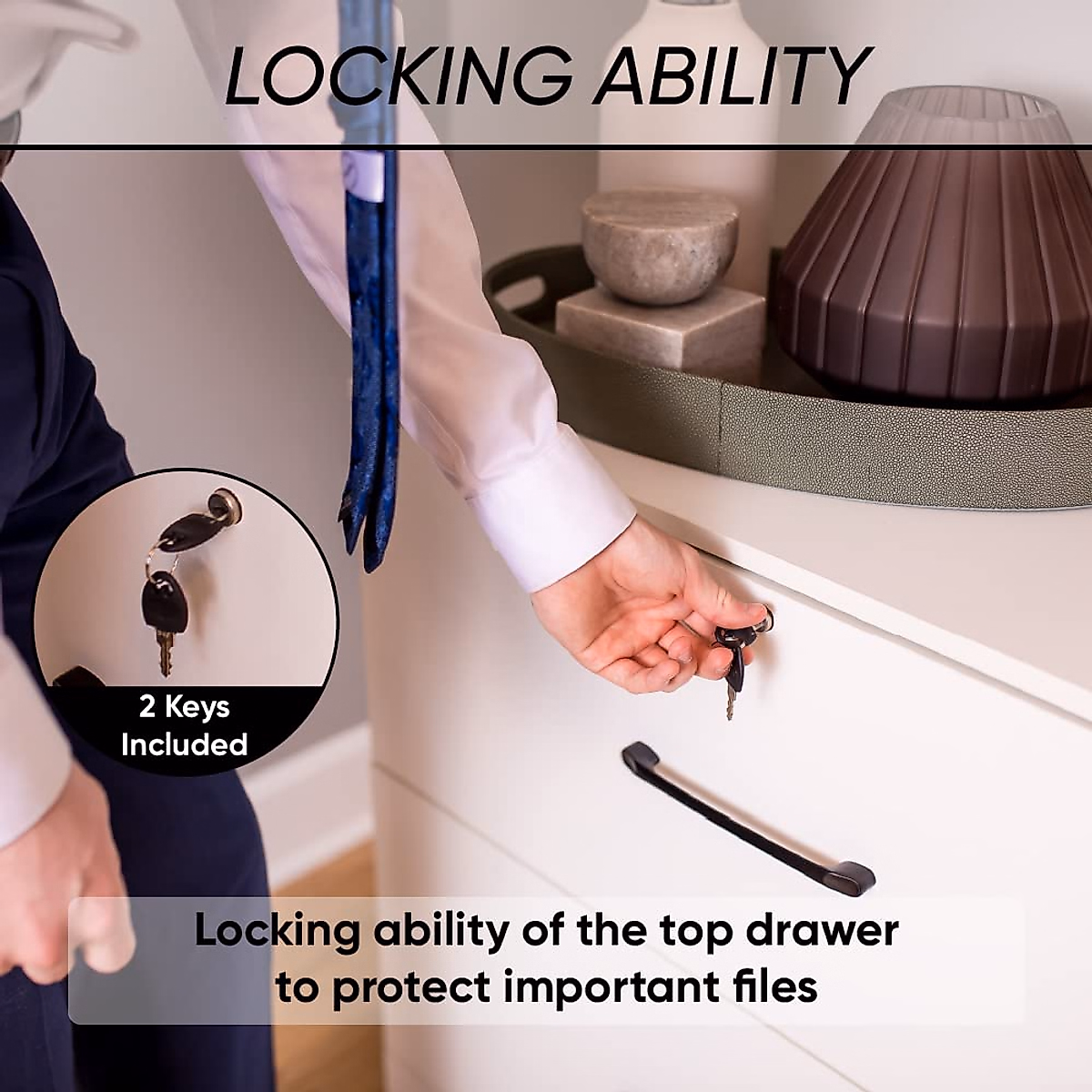 JRA products File Cabinet with Lock | 2 Drawers Wooden Lateral Storage Filing Cabinet with Anti-Tilt Mechanism with 8 Hanging Bars for Letter, Legal, F4 and A4 Size Files for Home Office White