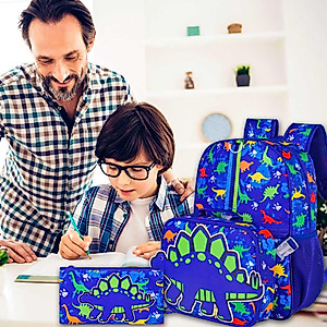 UFNDC 3PCS Dinosaur Backpack for Boys, 16”Kids Bookbag with Lunch Box, School Bag for Elementary Toddler