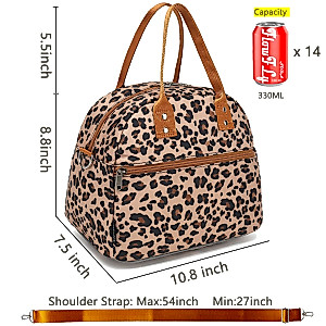 FlowFly Insulated Lunch Bag With Shoulder Strap for Women, Men, and Kids, Large and Reusable, Handle, Freezable Work and School Travel Tote and Meal Prep Organizer,Leapard