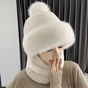Beanie Hat Women Windproof Scarf Hat Winter Warm Scarf Hat Set Soft Knitted Plush (White, One Size)