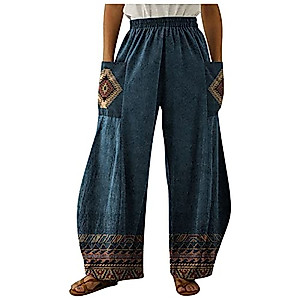July 4 Wide Leg Pants for Women Dressy Petite Women Casual Fashion Print Loose Elastic Waist Harem Pants Pocket Floral Pants Womens Yoga Pants with Pockets Tummy Control July 4 Dress Pants Women