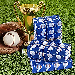 Kavoc 100 Sheets 20 x 14 Inch Baseball Tissue Paper Bulk Baseball Wrapping Paper Sheets for Gift Wrapping Blue Red Star Baseball Tissue Sheets for Birthdays Party Gift Bag DIY Pompom Confetti Crafts
