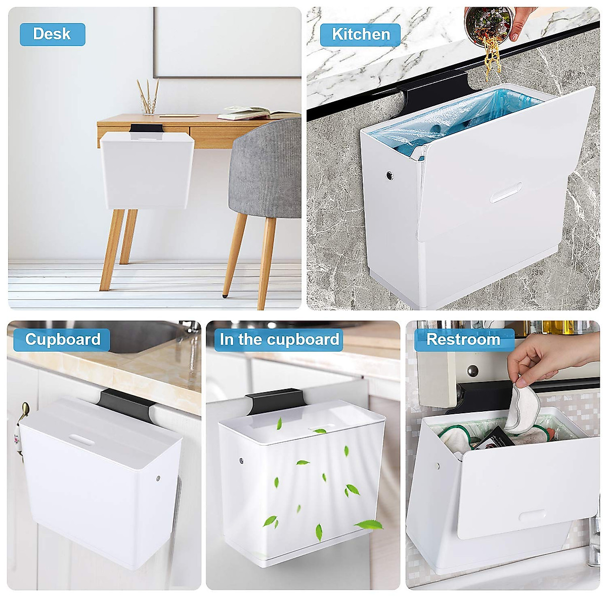 ANTU 1.6 Gallon Hanging Trash Can for Kitchen Cabinet Door with Lid, Under Sink Garbage Can for Bathroom,Wall-Mounted Counter Waste Bin